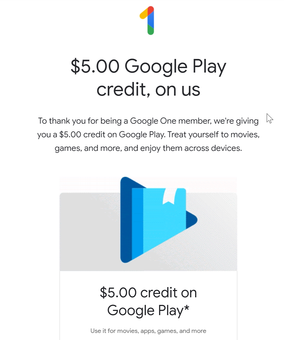 $5 Free Google Play Credit for Google One customer