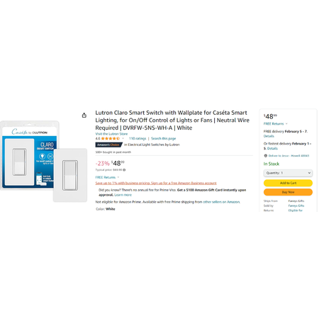 Lutron Claro Smart Switch with Wallplate for Caséta Smart Lighting, for ...