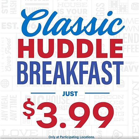 Huddle House "Classic Huddle Breakfast": 2 Eggs, 2 Bacon, Hashbrowns ...