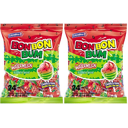 2 Pack Colombina Bon Bon Bum Lollipops w/Bubble Gum Center, Watermelon ...