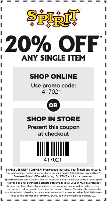 Spirit Halloween 20% off coupon exp 8/16/2022