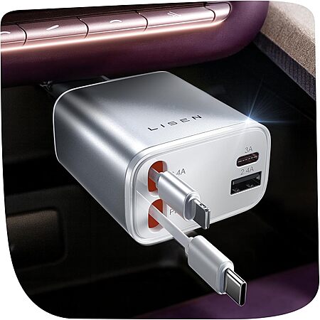 LISEN 4-in-1 up to 75W Retractable USB-C + Lightning Car Charger (White ...
