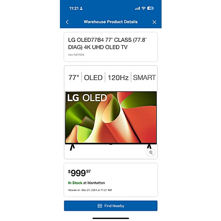 LG 77" OLED77B4 $999 Costco Manhattan $999.99 - 2024-12-21