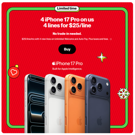 New Verizon Customers: 4 Lines Unlimited Plan + 4x 256GB iPhone 17 Pro ...