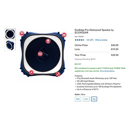 Costco: EcoEdge Pro Waterproof, Floating 20W Bluetooth Speaker w/20 LED Party Lights, w/Google ...