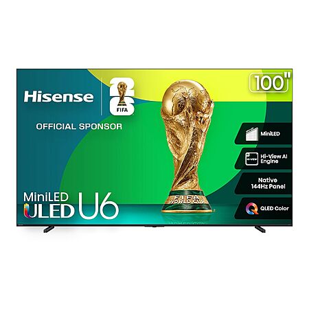 $1899.99: 100″ Hisense U6 Series Best Value Mini-LED 4K UHD Smart HDR ...