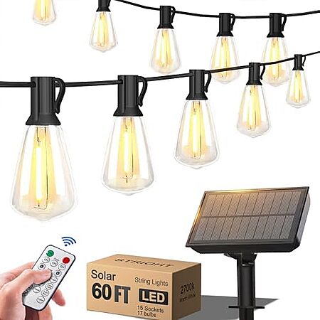 60' Stright Solar Powered LED Outdoor Edison Bulb String Lights w ...