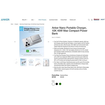 Costco Members [Costco Next]: Anker Nano Portable Charger, 10K 45W Max ...