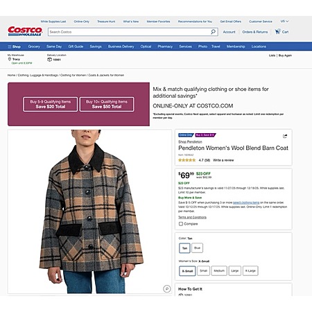 Costco Members: Pendleton Women's Wool Blend Barn Coat - Until 12/19 ...