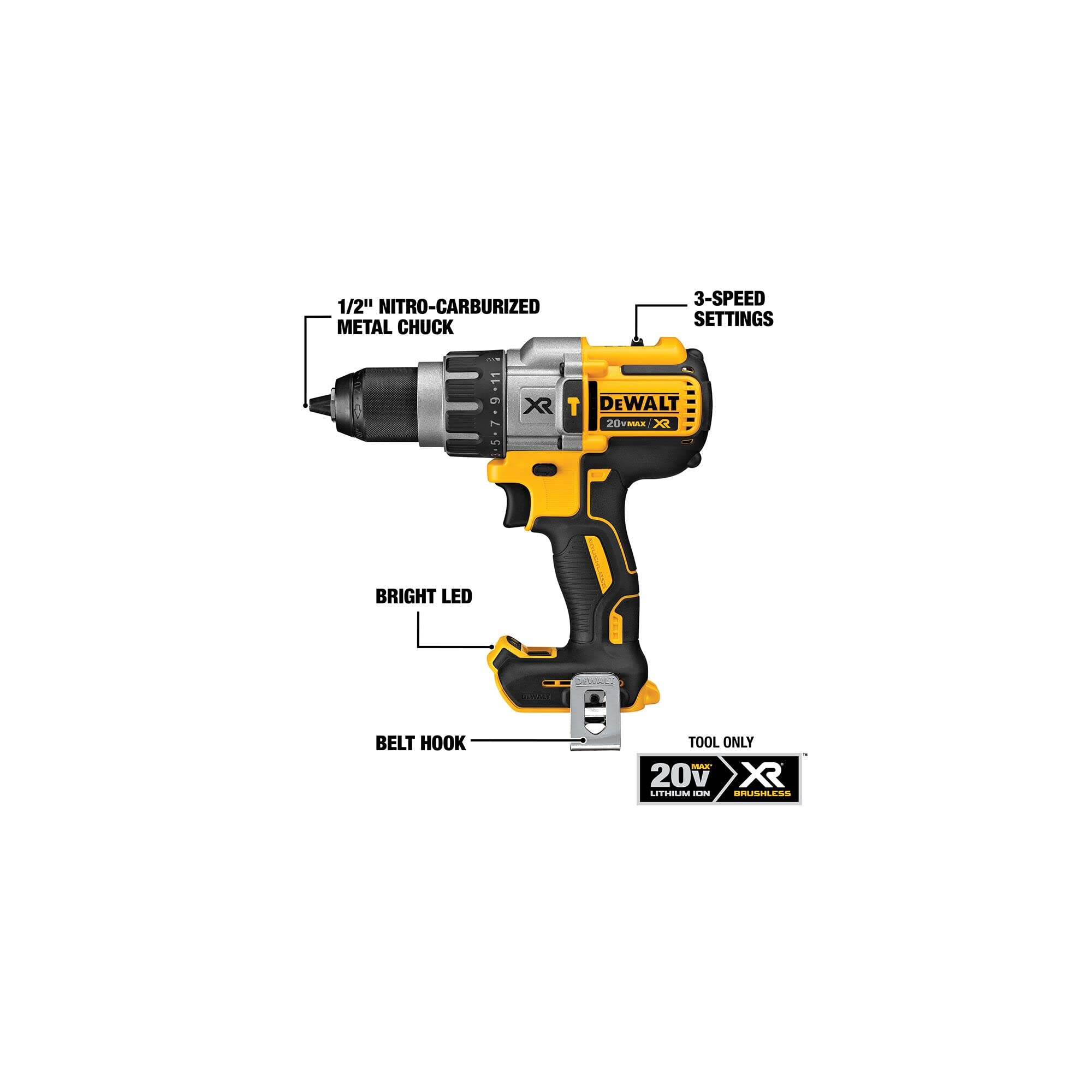 DEWALT 20V MAX XR Cordless Hammer Drill, Brushless, 3-Speed, Bare Tool ...