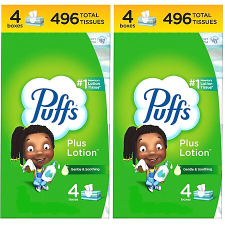 Puffs Plus Lotion Facial Tissues, 2 x 4 Family Boxes, 124 tissues per ...