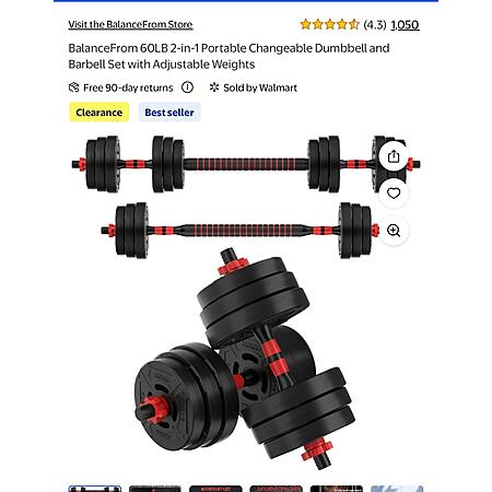 BalanceFrom 60LB 2-in-1 Portable Changeable Dumbbell and Barbell Set ...