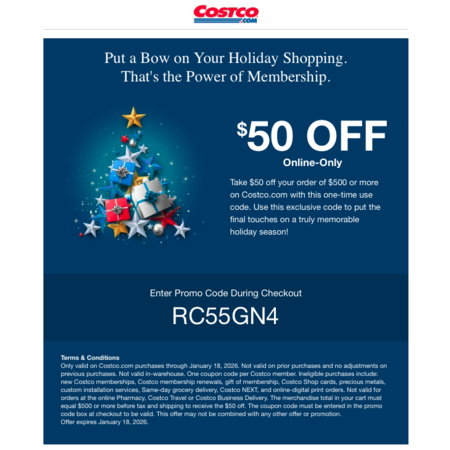 Costco $50 off $500+ with coupon code; RC55GN4 - 2025-12-15
