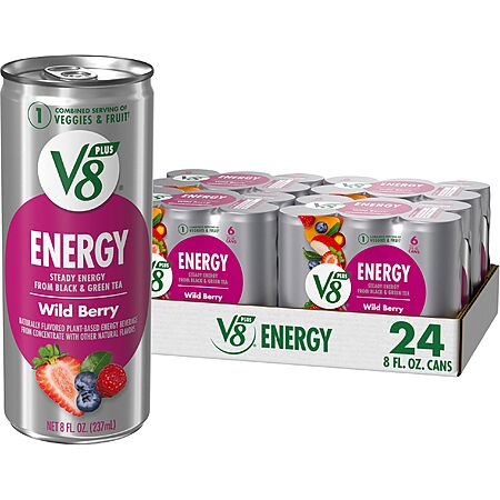 24-Pack 8-Oz V8 +Energy Juice Energy Drink (Wild Berry) - 2024-08-15