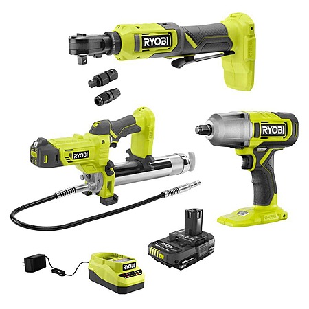 RYOBI ONE+ 18V Cordless 3-Tool Automotive Combo Kit w/Grease Gun, Multi ...