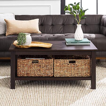 40" Walker Edison Alayna Mission Style Two Tier Coffee Table w/ Rattan ...