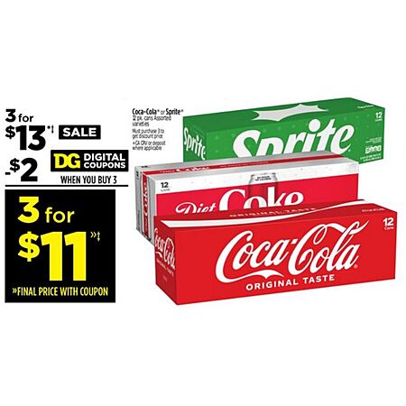 Dollar General, Coca-Cola or Sprite 12 packs, 3 for $11 w/ digital cpn ...