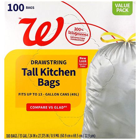 200 count, Walgreens Drawstring Tall Kitchen Bags White, 13-Gallon, $16 ...
