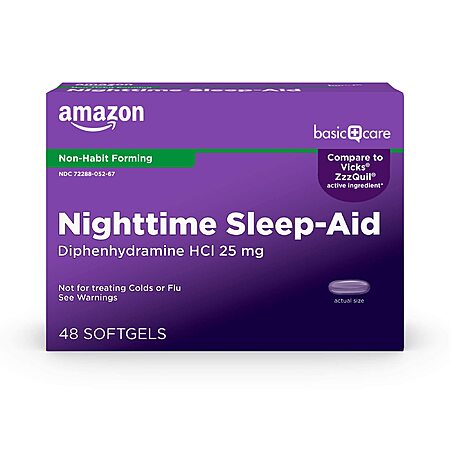 48-Count 25-mg Amazon Basic Care Sleeptime Nighttime Sleep-Aid Softgels ...