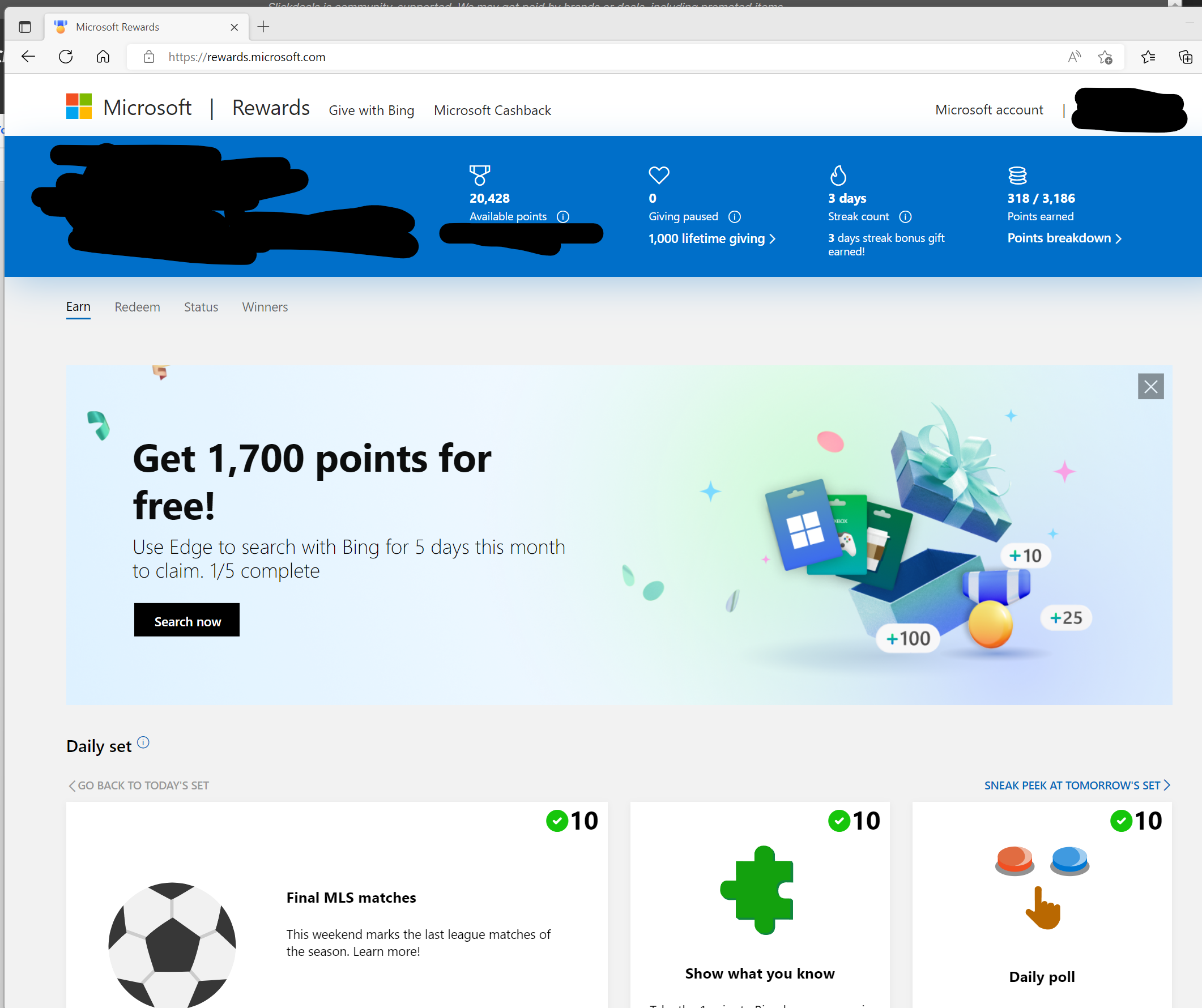 Select Microsoft Rewards Members: Use Edge to Search w/ Bing for 5 Days ...