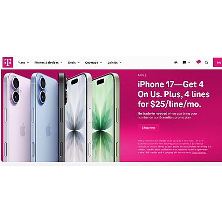Free iPhone 17 + $25 per line x4, New customers, $35 set-up fee x4 ...