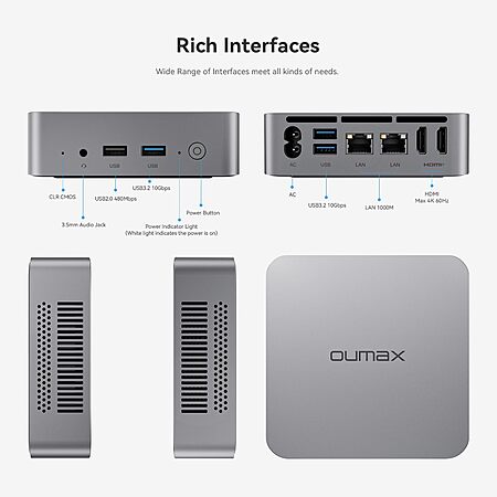 OUMAX N100 Mini PC, Intel 12th Gen N100, 16GB DDR4 500GB SSD Dual LAN ...