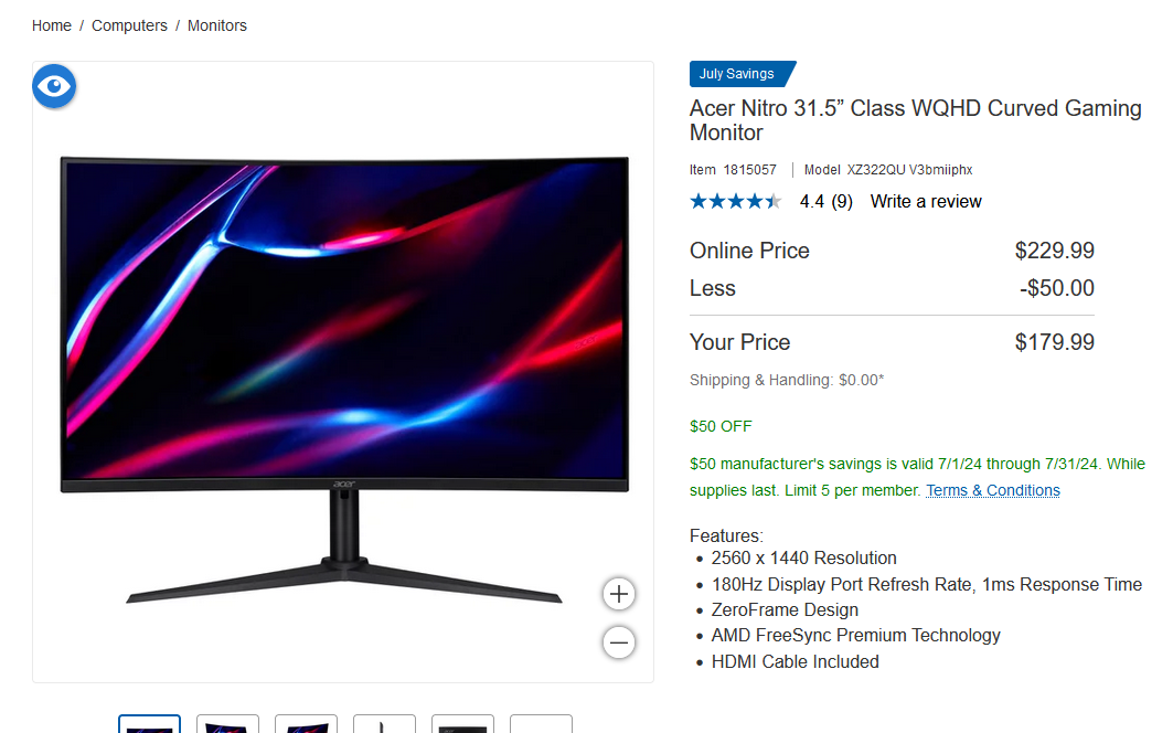 ACER Nitro curved gaming monitor 32" Costco, also 34" for $250 (d/c ...