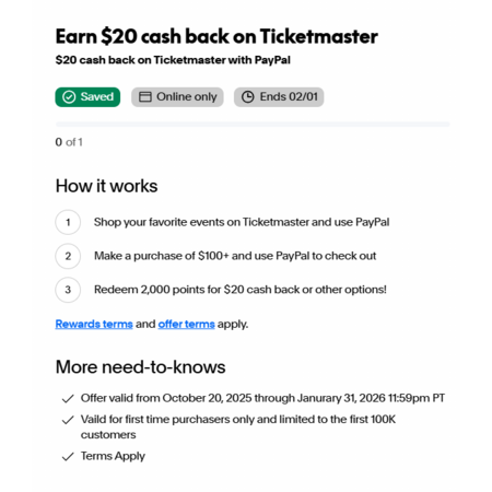 [YMMV] PayPal Save Offer and Earn $20 cash back on Ticketmaster with a ...