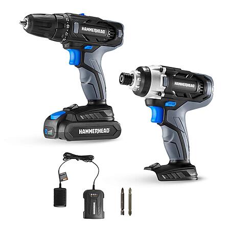 2-Tool 20V Hammerhead Cordless Combo Kit: Drill & Impact Driver w/ 1 ...
