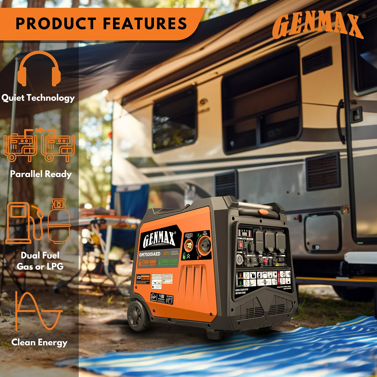 Genmax Portable Inverter Generator, 7500-Watt Dual Fuel Remote Start CO ...