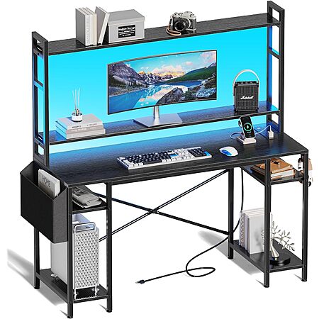 55 inch Computer Desk with Adjustable Shelves, Gaming Desk with LED ...
