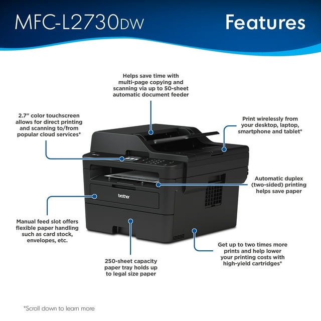 Brother MFC-L2730DW Monochrome Laser All-in-One Wireless Printer $157 ...