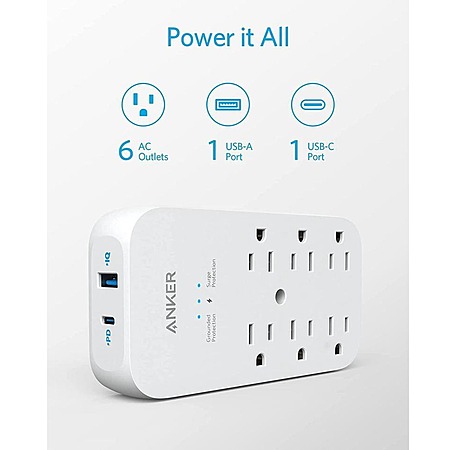 Anker 6-Outlet Wall Outlet Extender w/ 20W USB-C PD Port & USB-A Port ...