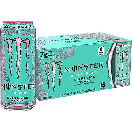 15-Pack 16-Oz Monster Energy Ultra Zero Sugar Energy Drink (Vice Guava ...