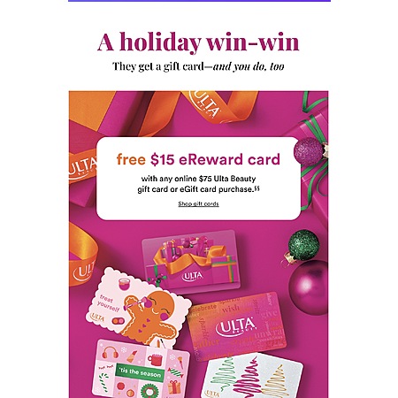 Ulta Free $15 eReward Card with any online $75 Ulta Beauty Gift Card or ...