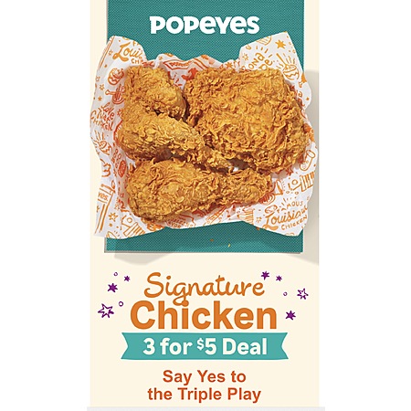 Popeyes 3 pieces for $5 Deal Classic or Spicy, White or Dark Meat ...