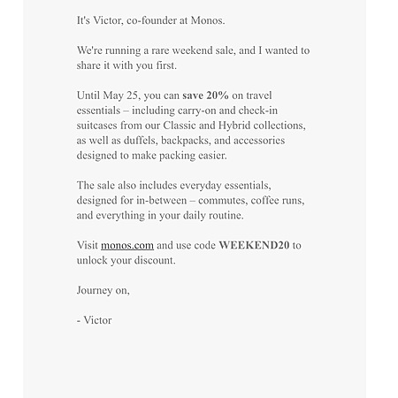 Monos Luggage 20% Off with code WEEKEND20 - 2026-05-20