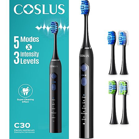 COSLUS Sonic Electric Toothbrush w/ 4 Replacement Heads (Black) - 2026 ...