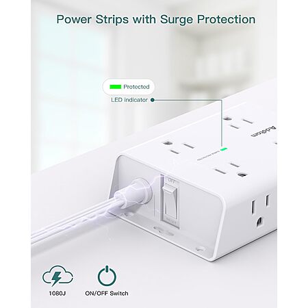 10Ft Extension Cord with Multiple Outlets, Flat Plug Surge Protector ...