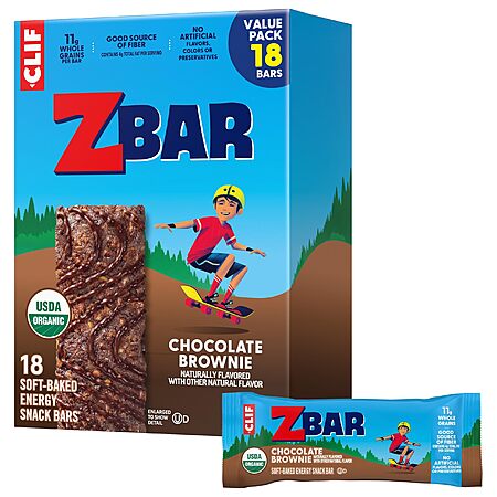 18-Pack 1.27-Oz CLIF Kids' ZBar Organic Snack Bars (Chocolate Brownie ...