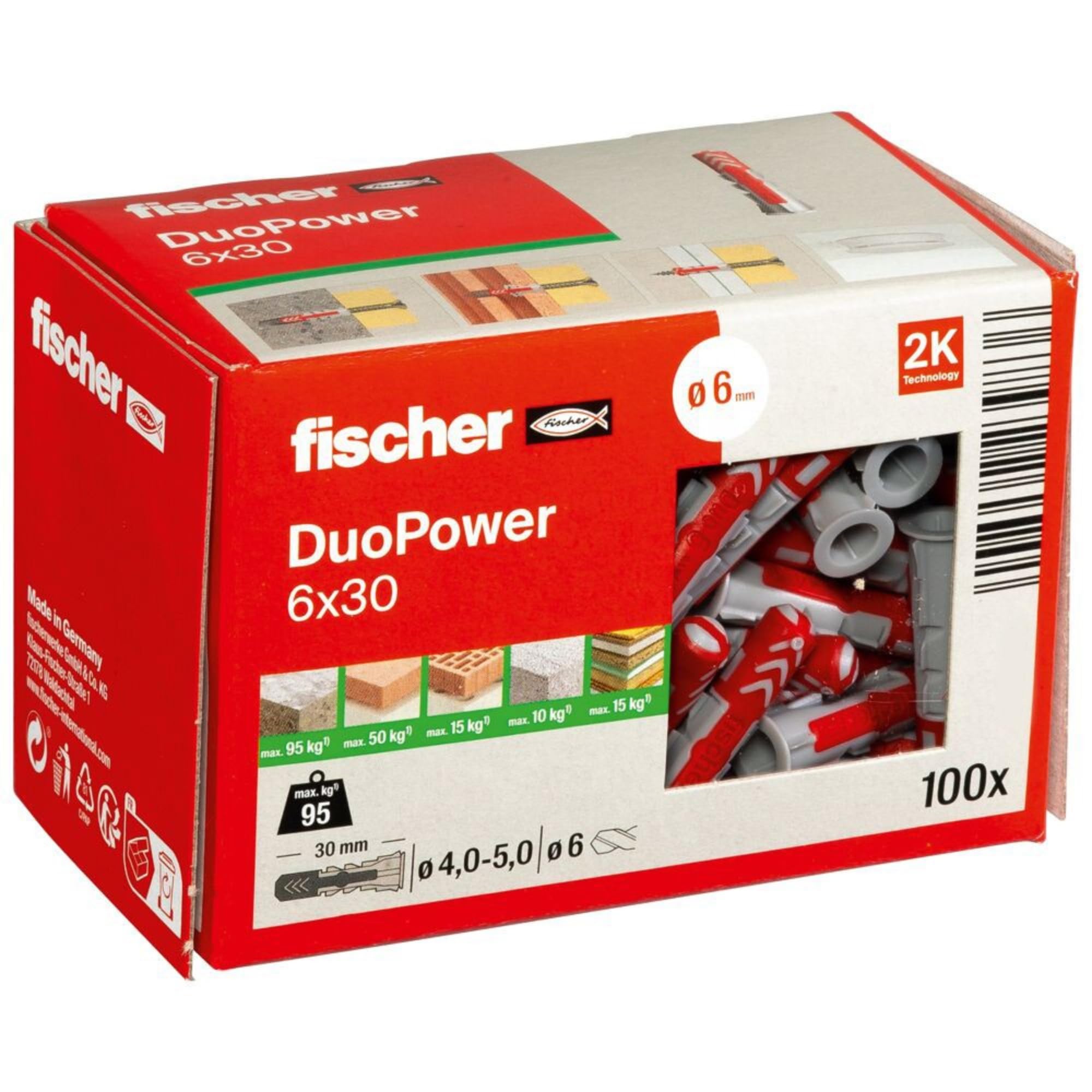 fischer (German Made) 555006 DUOPOWER Wall Plug Anchor, 6x30, Red/Grey ...