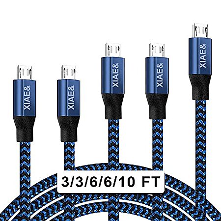 5 Pack Micro USB Cables (3/3/6/6/10FT) Nylon Braided Fast Charging ...