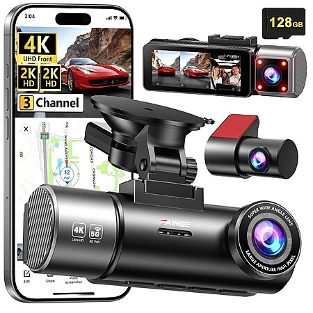 FAIMEE 3-Channel Dual-WiFi Dash Cam (4K Front + 2K Rear & Cabin) w/ GPS ...