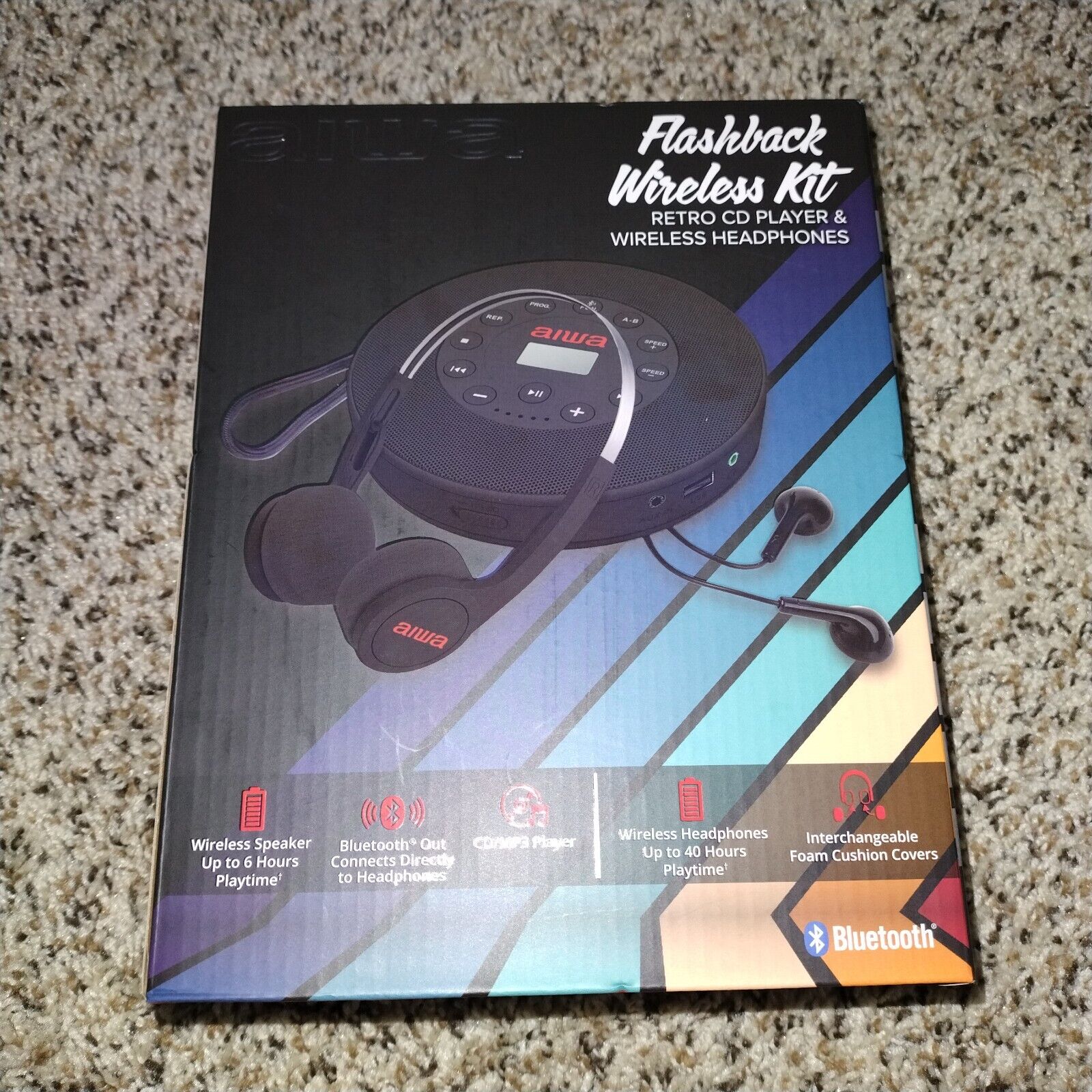 Aiwa Flashback Wireless Kit: Bluetooth portable CD player + Bluetooth headphones + wired earbuds ...