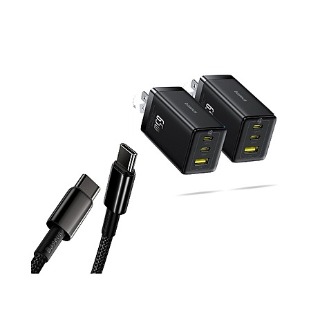 2-Pack Baseus 3-Port up to 65W USB-C Fast Wall Chargers + 3.3' Baseus ...