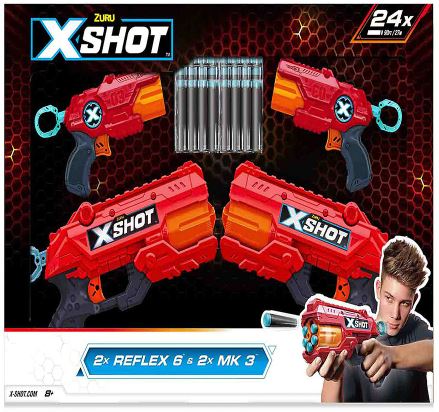 X-Shot 4 Pack Foam Dart Blasters (2x Reflex 6 & 2x MK 3) + 24 Darts: $7 ...