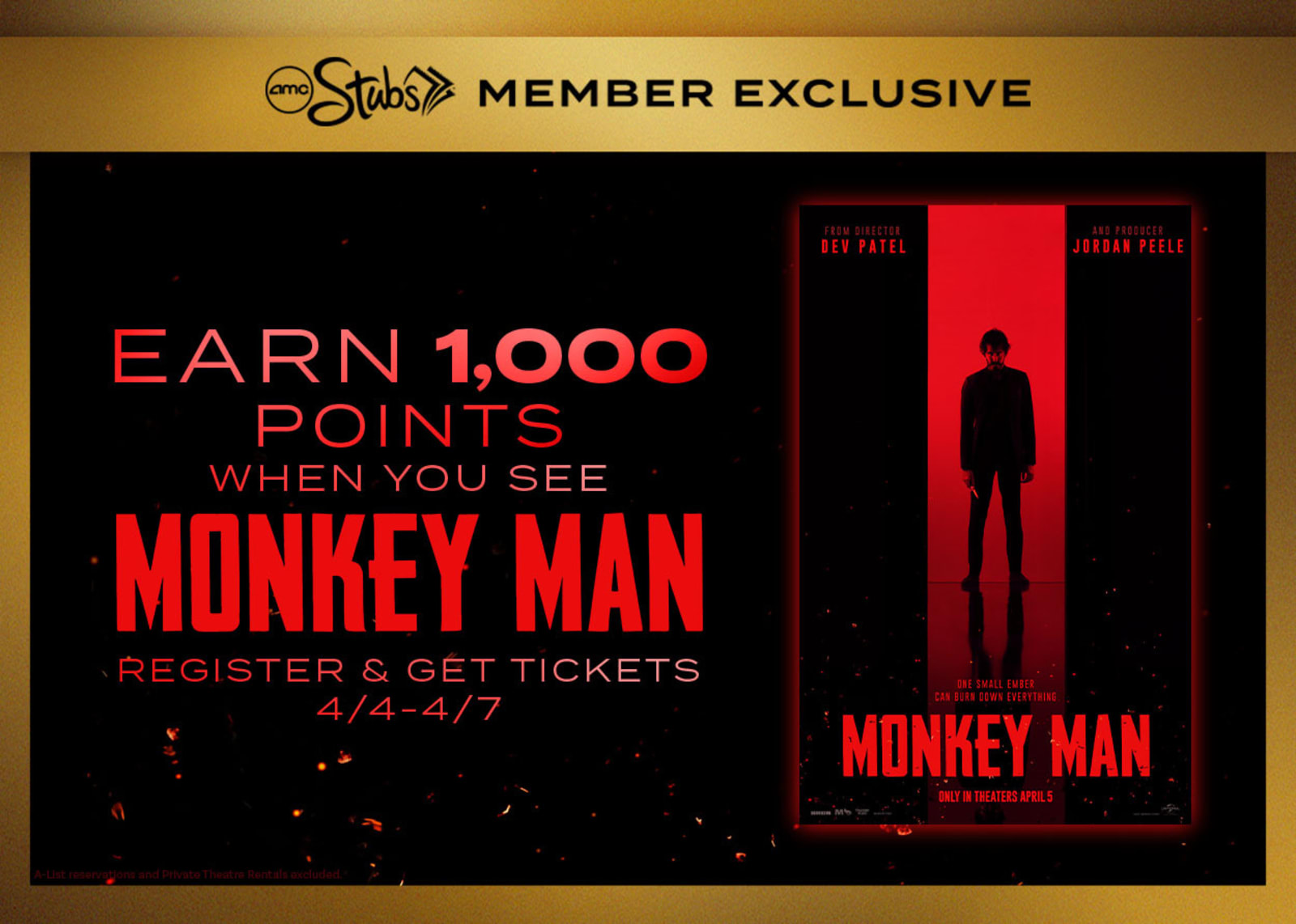 AMC Theatres: Bonus 1,000 AMC Stubs Points w/ Monkey Man Movie Ticket ...