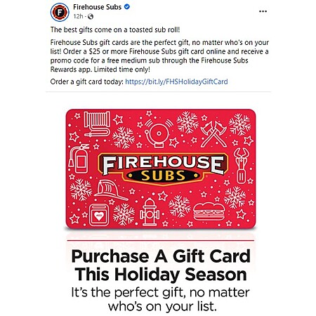 Firehouse Subs: Purchase a $25 Gift Card, Get Free Medium Sub (Expires ...