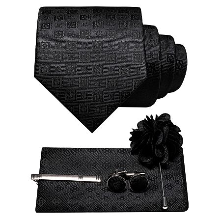 JEMYGINS Mens Black Tie Woven Necktie and Pocket Square Cufflinks with ...