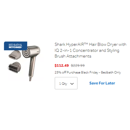 Shark HyperAIR™ Hair Blow Dryer with IQ 2-in-1 Concentrator and Styling Brush Attachments $112. ...